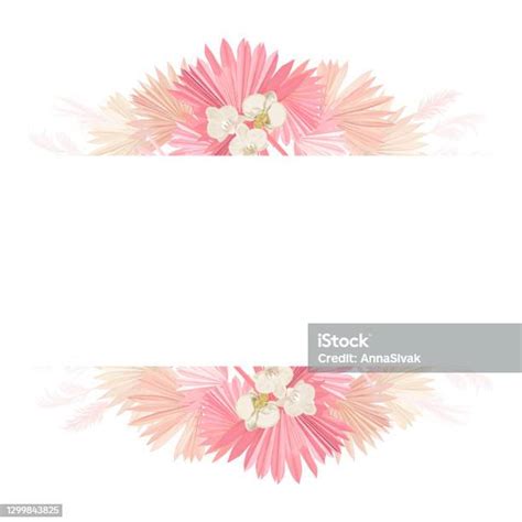 수채화 꽃 웨딩 벡터 프레임 팜파스 잔디 오초 꽃 결혼 의식에 대 한 마른 야자 수 잎 국경 템플릿 최소한의 초대 카드 장식 보헤미안 여름 배너 건조한에 대한 스톡 벡터