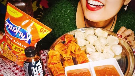 Eating Veg Momos Veg Spring Roll Asmr Spicy Big Bites Chinese