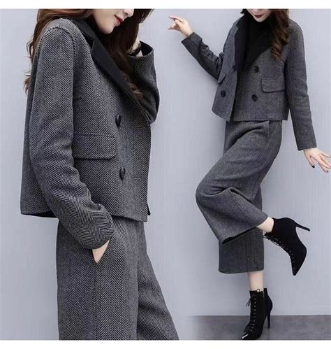 투피스 정장 바지 헤링본 외출룩세트 모직 코트 와이드 레그 바지 슬리밍 패션 정장 여성 Kns5290 티몬