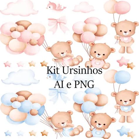 Arquivo Digital Kit Ursinho Baloeiro Azul E Rosa Vitrine Artesanou
