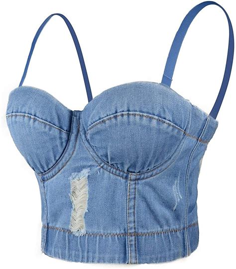 Ellacci Women S Destructed Denim Bustier Crop Top Jeans Corset Top