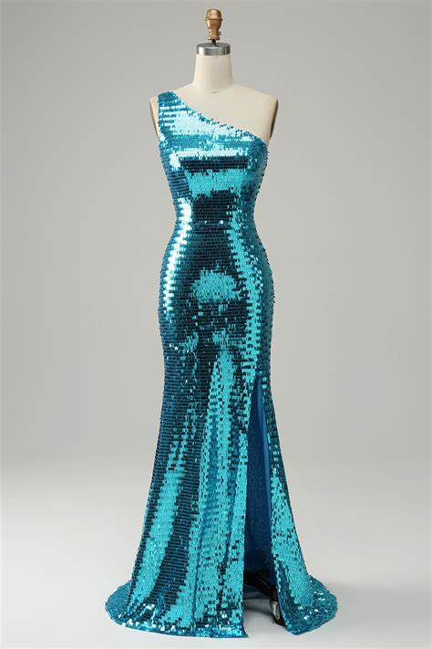 Zapakasa Women Sparkly Blue Sequins One Shoulder Long Prom Dress With Slit