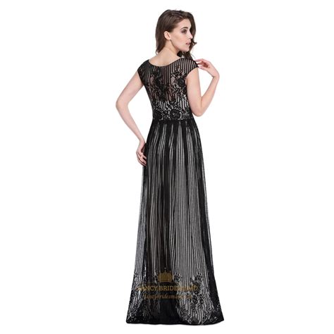 Black Floor Length Cap Sleeves Prom Dress With Lace Embellished Bodice