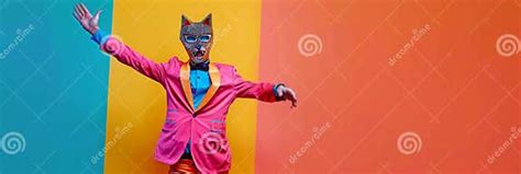 Freak In Cat Mask Dancing Masquerade Absurd Carnival Having Fun In