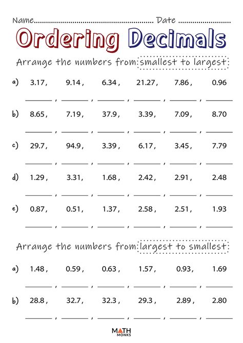 Worksheets Comparing Decimals