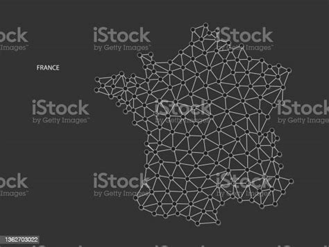 프랑스 지도 포인트는 검은 색 배경에 비늘 와이어 프레임 다각형 네트워크 화이트 라인 도트 및 그림자 점 개념에 대한 스톡 벡터 아트 및 기타 이미지 Istock
