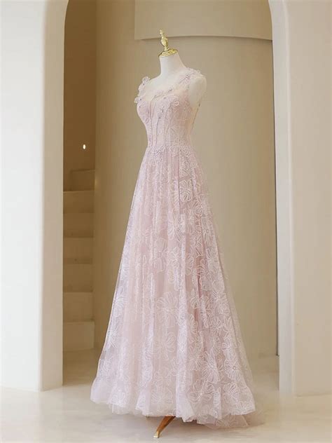 Light Pink Round Neckline Lace Long Prom Dress A Line Pink Floor Leng