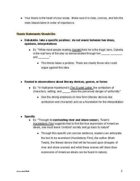Literary Analysis Thesis Statements Hints And Tips Handout Tpt