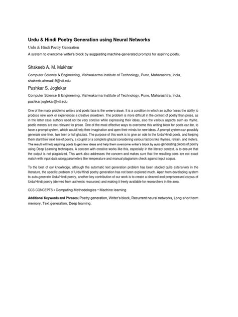 Urdu Hindi Poetry Generation Using Neural Networks Pdf Poetry Deep Learning