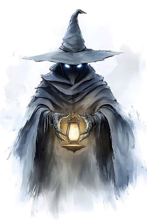 Mysterious Hooded Figure Cloaked Wizard Holding Glowing Lantern Fantasy