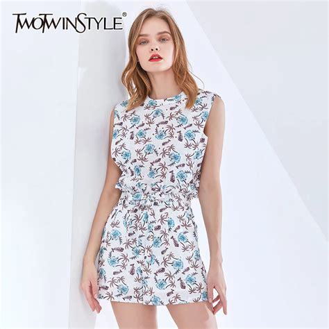 Twotwinstyle Casual Print Two Piece Set For Women O Neck Sleeveless