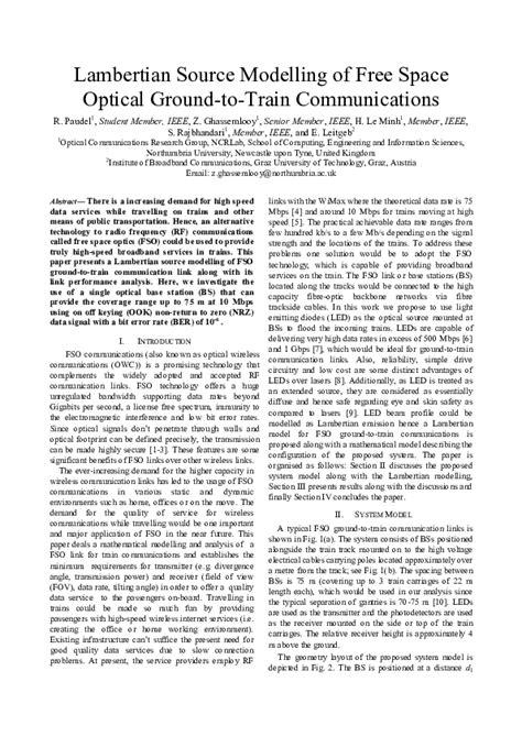 Lambertian Source Modelling Of Free Space Optical Ground To Train Communications