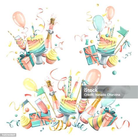 케이크 선물 풍선 양초 깃발 및 색종이가 든 병과 유리잔에 담긴 샴페인 수채화 그림입니다 축제 작곡 Birthday를 설정합니다 축하합니다 기에 대한 스톡 벡터 아트 및