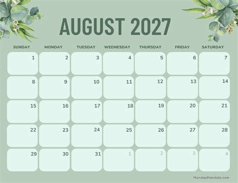 August 2027 Calendar 52 Free Pdf Printables