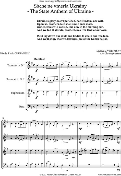 Verbytsky Ukraine State Anthem Brass Quartet Classical Sheet Music
