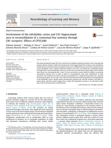 Pdf Involvement Of The Infralimbic Cortex And Ca1 Hippocampal Area In Reconsolidation Of A