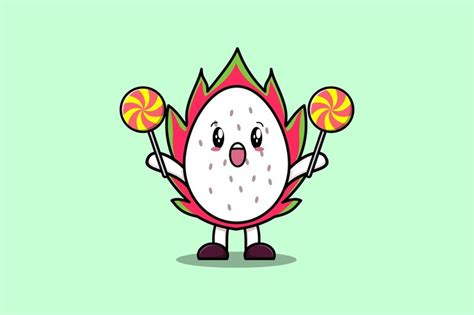 평면 만화 삽화에서 롤리팝 캔디를 들고 있는 귀여운 만화 드래곤 과일 캐릭터 프리미엄 벡터