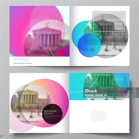 벡터 일러스트 레이 션의 두 편집 레이아웃의 사각형 디자인 Bifold 브로셔 잡지 전단지 책자에 대 한 템플릿을 다룹니다 다채로운 원과 둥근 형태와 창조적인 현대 밝은