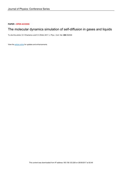 Pdf Molecular Dynamics Simulation Of The Molecular Diffusion In Gases And Liquids