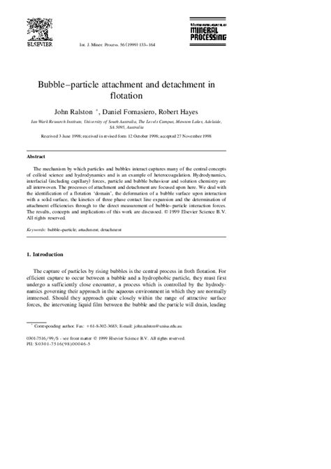 Pdf Bubbleparticle Attachment And Detachment In Flotation