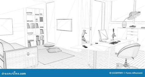 Perspective 3d Render Of Interior Wireframe Stock Illustration