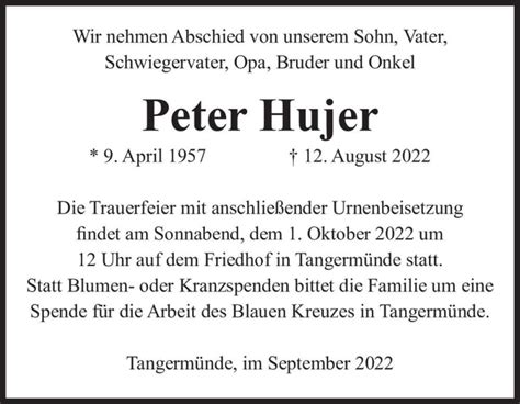 Traueranzeigen Von Peter Hujer Abschied Nehmende