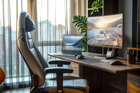 dual monitor computer setup with coding screen lush plants ergonomic