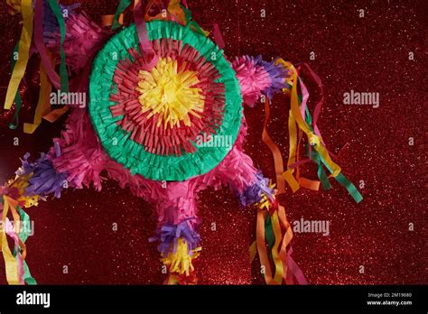 Mexican Pinata Used In Posadas And Birthdays On Red Background Stock