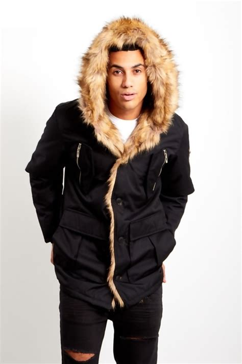 Mens Black Oversized Faux Fur Hooded Parka Coat Justyouroutfit