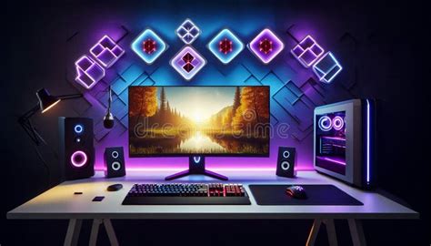 Stylish Rgb Gaming Setup With Modern Desktop And Led Lighting Stock