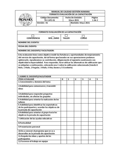 Formato Evaluación De La Capacitación Pdf Evaluación