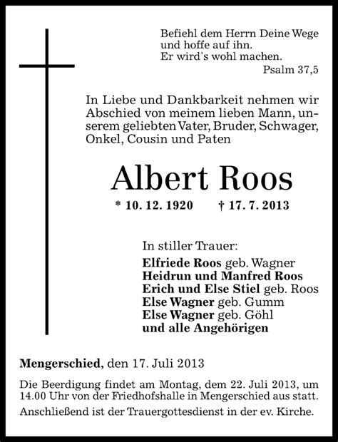 Traueranzeigen Von Albert Roos Rz Trauer De
