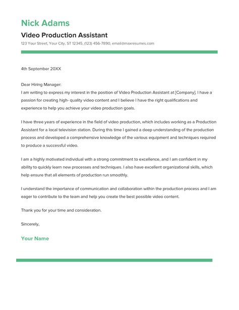Best Video Production Assistant Cover Letter Example For 2023