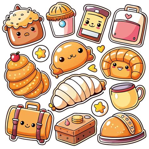 Adhesivos De Comida Y Bebida De Dibujos Animados Con Caras De Kawaii