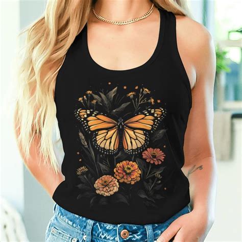Vintage Monarch Butterfly Cute Zinnias Flower Girl Plant Mom Women Tank