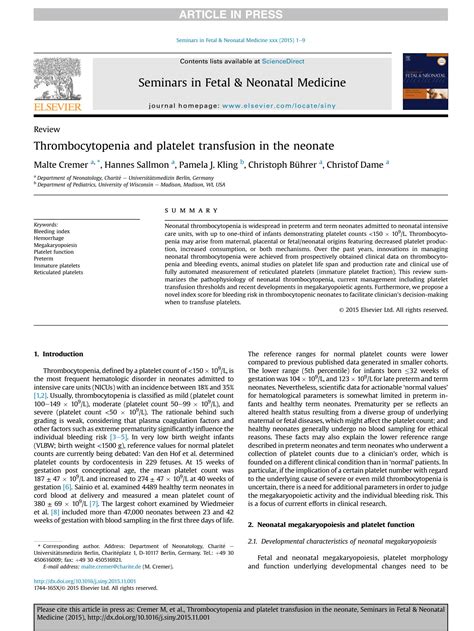 Solution Thrombocytopenia And Platelet Transfusion In The Neonate
