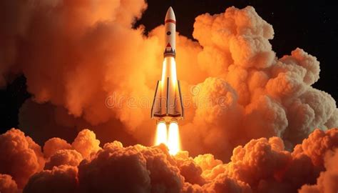 Powerful Rocket Launch In Outer Space Fiery Exhaust Smoke Surround Ascending Spaceship Space