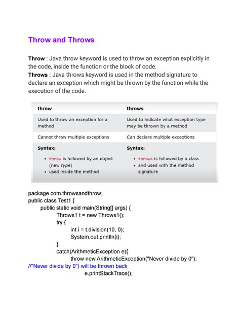 Java Notes 14 Throw And Throws Throw Java Throw Keyword Is Used To