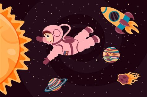 만화 스타일의 귀여운 우주 비행사 로켓 행성과 운석이 있는 배경 프리미엄 벡터