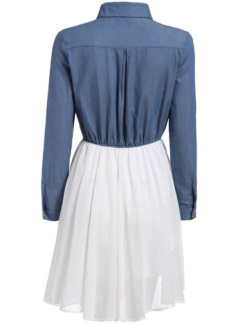 Blue White Lapel Pleated Buttons Dress Sheinsheinside