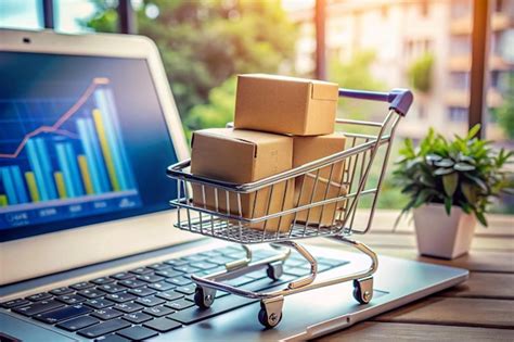 Ecommerce Paper Boxes In Shopping Cart On Keyboard And Sales Data