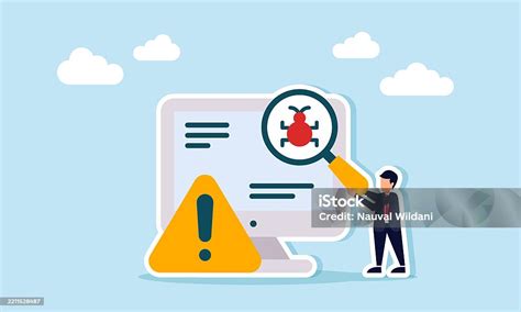 돋보기를 들고 느낌표 또는 경고 표지판이 있는 모니터 옆에서 바이러스를 관찰하는 사업가 주의 사항 및 컴퓨터 위협에 대한 필터