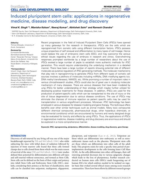 Pdf Induced Pluripotent Stem Cells Applications In Regenerative