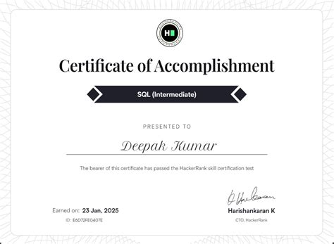 Sql Dataanalytics Certification Learning Hackerrank Deepak Kumar