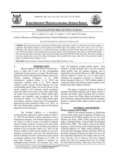 Formant Based Pashto Digits And Numbers Synthesizer Pdf Speech