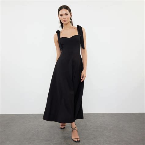 Womens Black Midi Dress Sweetheart Neck Tie Strap Sleeveless Swing