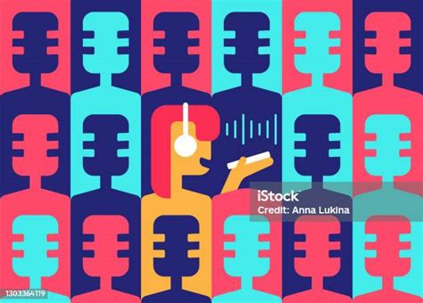 드롭 인 오디오 채팅 팟캐스트 룸 클럽 하우스 오래된 복고풍 마이크에서 추상적 인 배경 소녀 스피커는 헤드폰으로 대화를 듣고 말합니다 대화 벡터 플랫 일러스트레이션 0명에