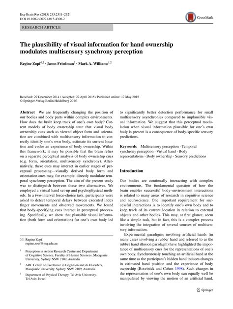 Pdf The Plausibility Of Visual Information For Hand Ownership Modulates Multisensory Synchrony