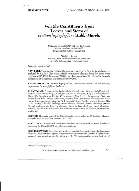 Pdf Volatile Constituents From Leaves And Stems Of Protium