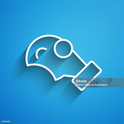 파란색 배경에 격리된 흰색 선 방독면 아이콘입니다 호흡보호구 표지판 긴 그림자 벡터 개념에 대한 스톡 벡터 아트 및 기타 이미지